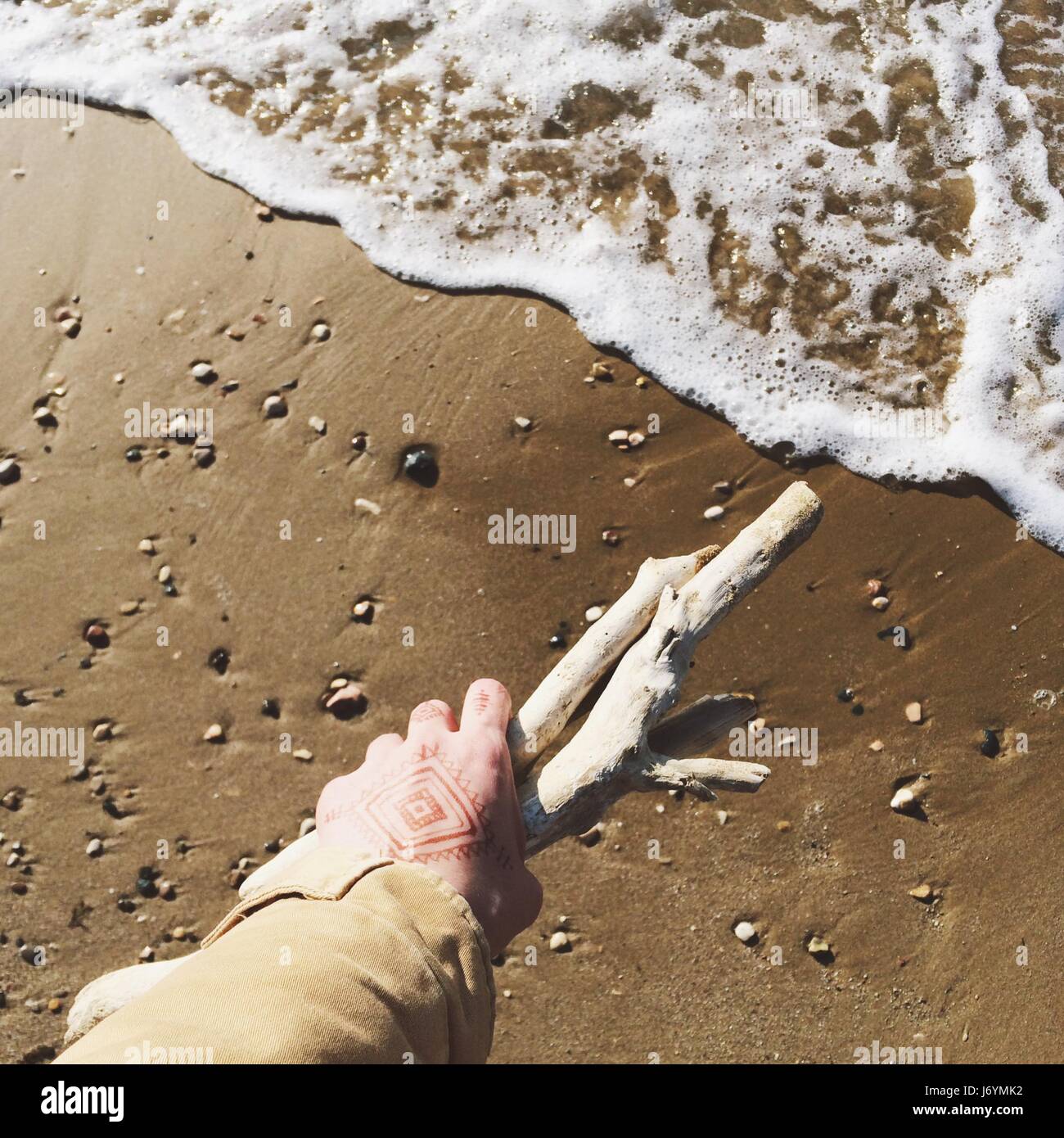 woman's hand picking up sticks on beach Stock Photo - Alamy