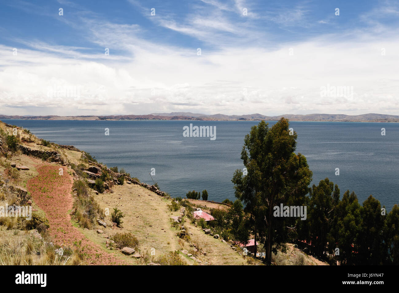 Peru, Taquile island on the Titicaca lake, the largest highaltitude ...