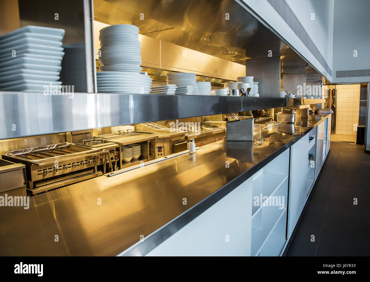Professional kitchen, view counter in stainless steel Stock Photo - Alamy