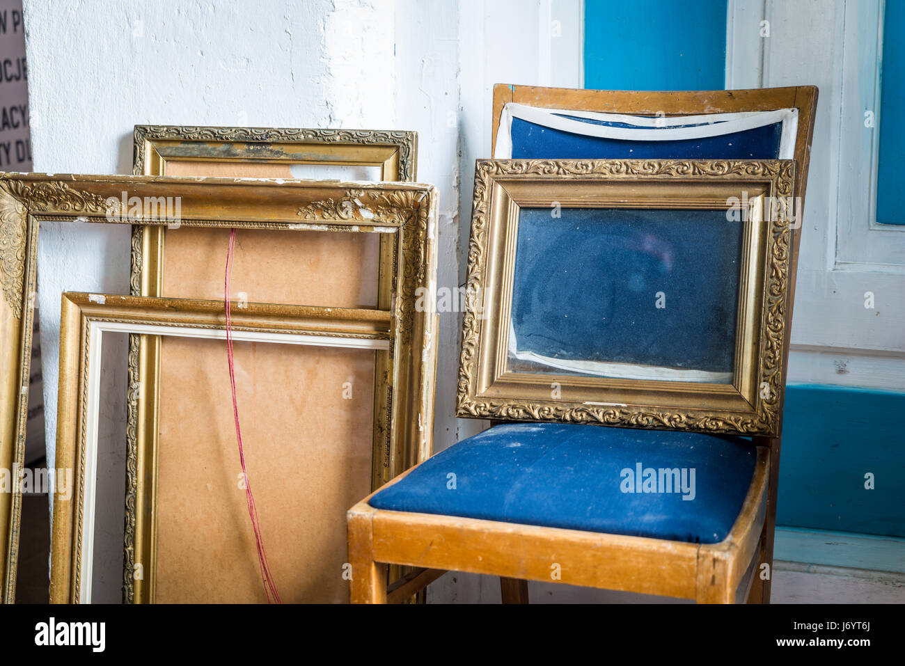 Old wooden painting frames in painter studio Stock Photo - Alamy