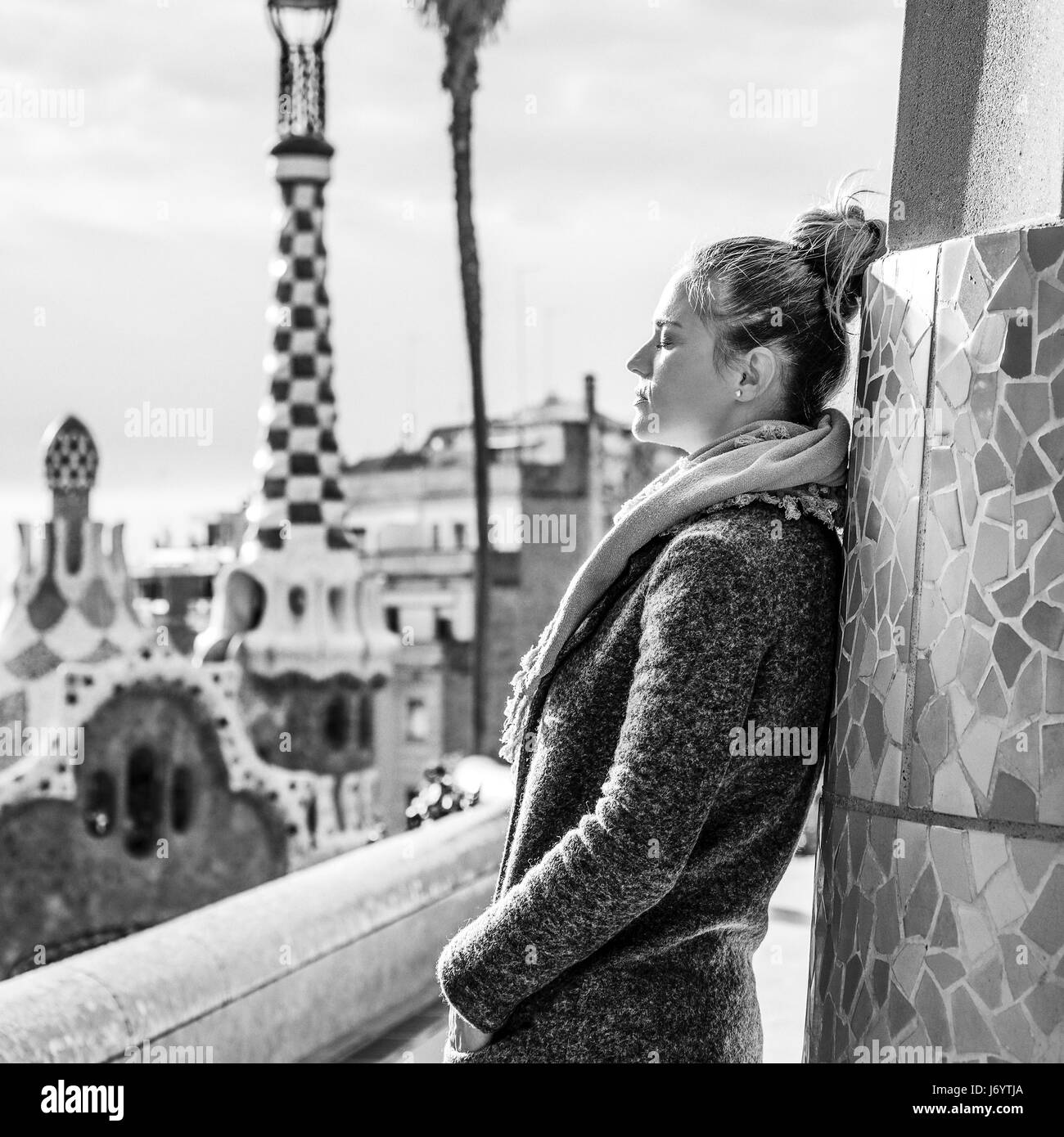 Barcelona signature style. Portrait of relaxed young traveller woman at ...