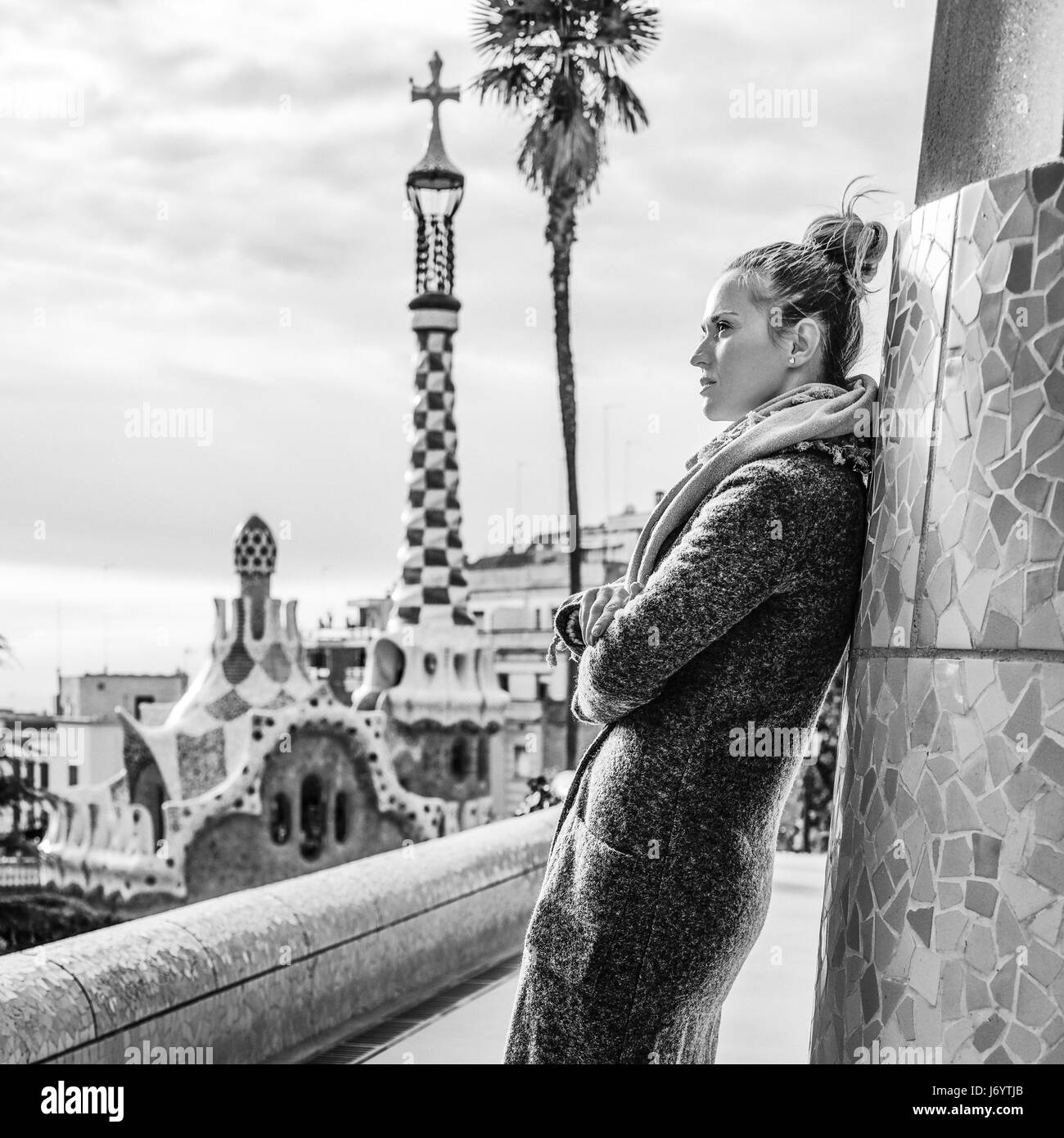 Barcelona signature style. Full length portrait of modern tourist woman ...