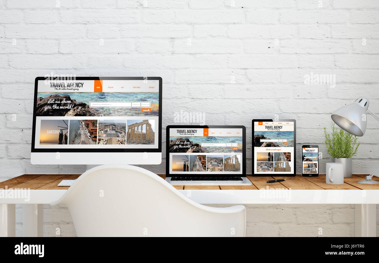 multidevice desktop with travel agency screens. 3d rendering Stock ...