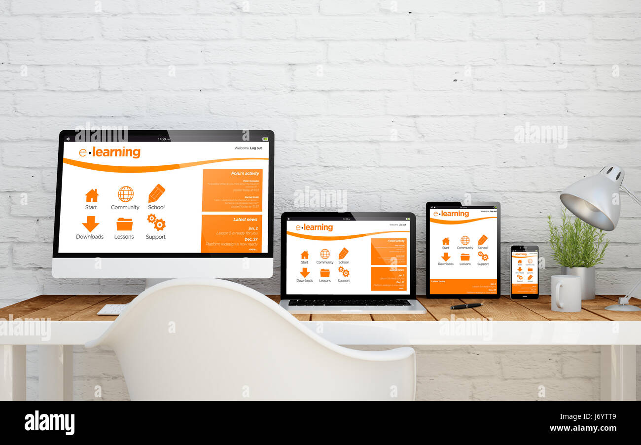 multidevice desktop with e-learning website on screens. 3d rendering ...