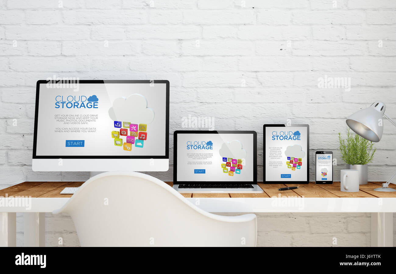 multidevice desktop with cloud storage on screens. 3d rendering Stock ...