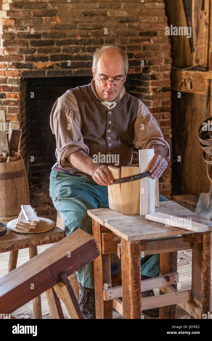 Historical interpreter making a small barrel at Old Sturbridge Village ...