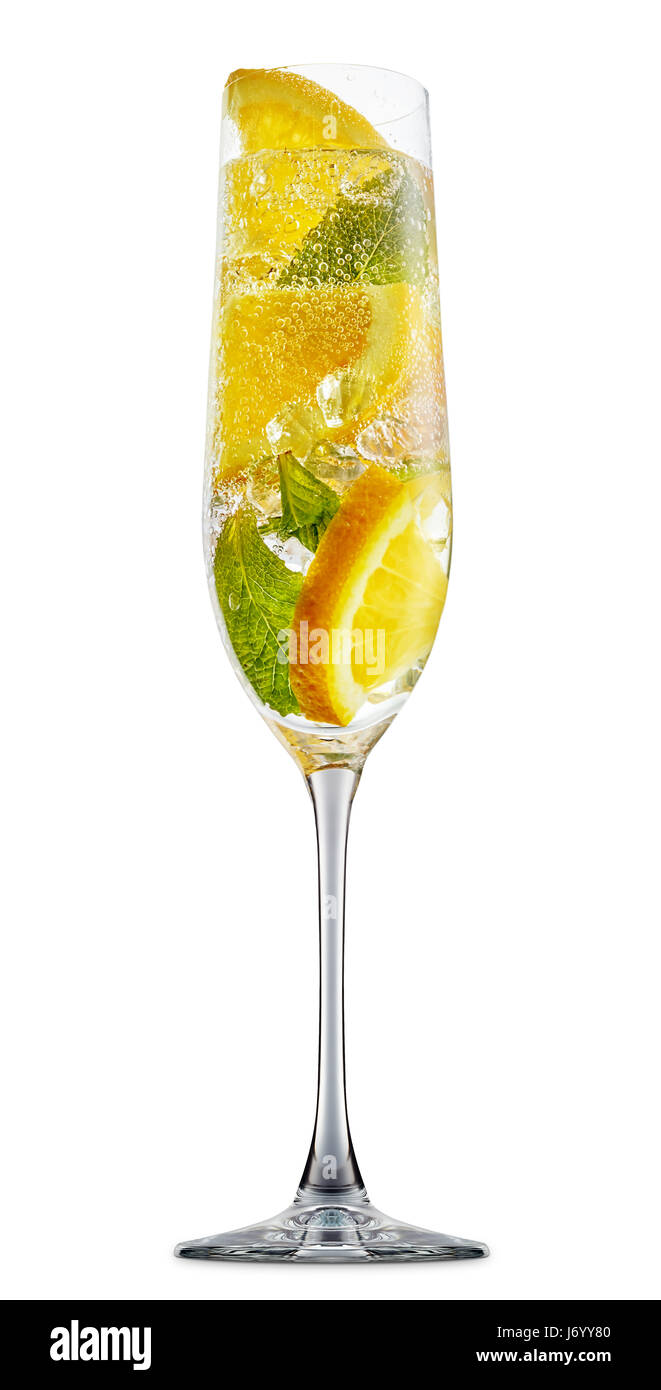 fresh fruit alcohol cocktail or mocktail in champagne glass with ice ...