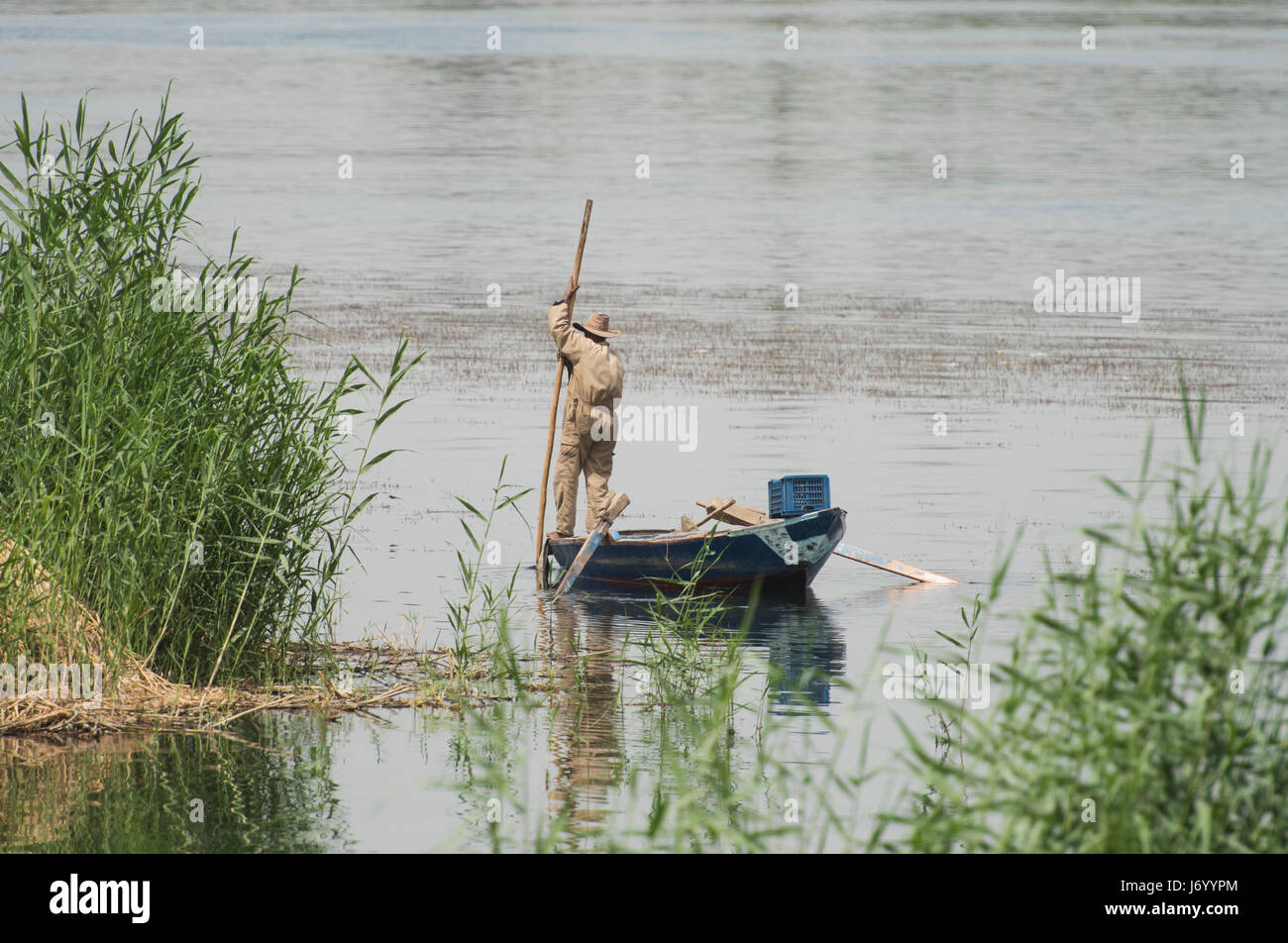 Traditional egyptian bedouin fisherman in rowing boat on river Nile ...
