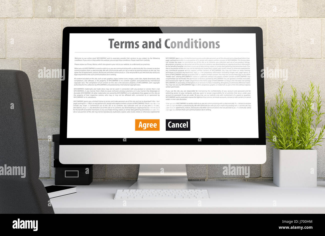 3d rendering of workspace with computer showing terms and conditions ...