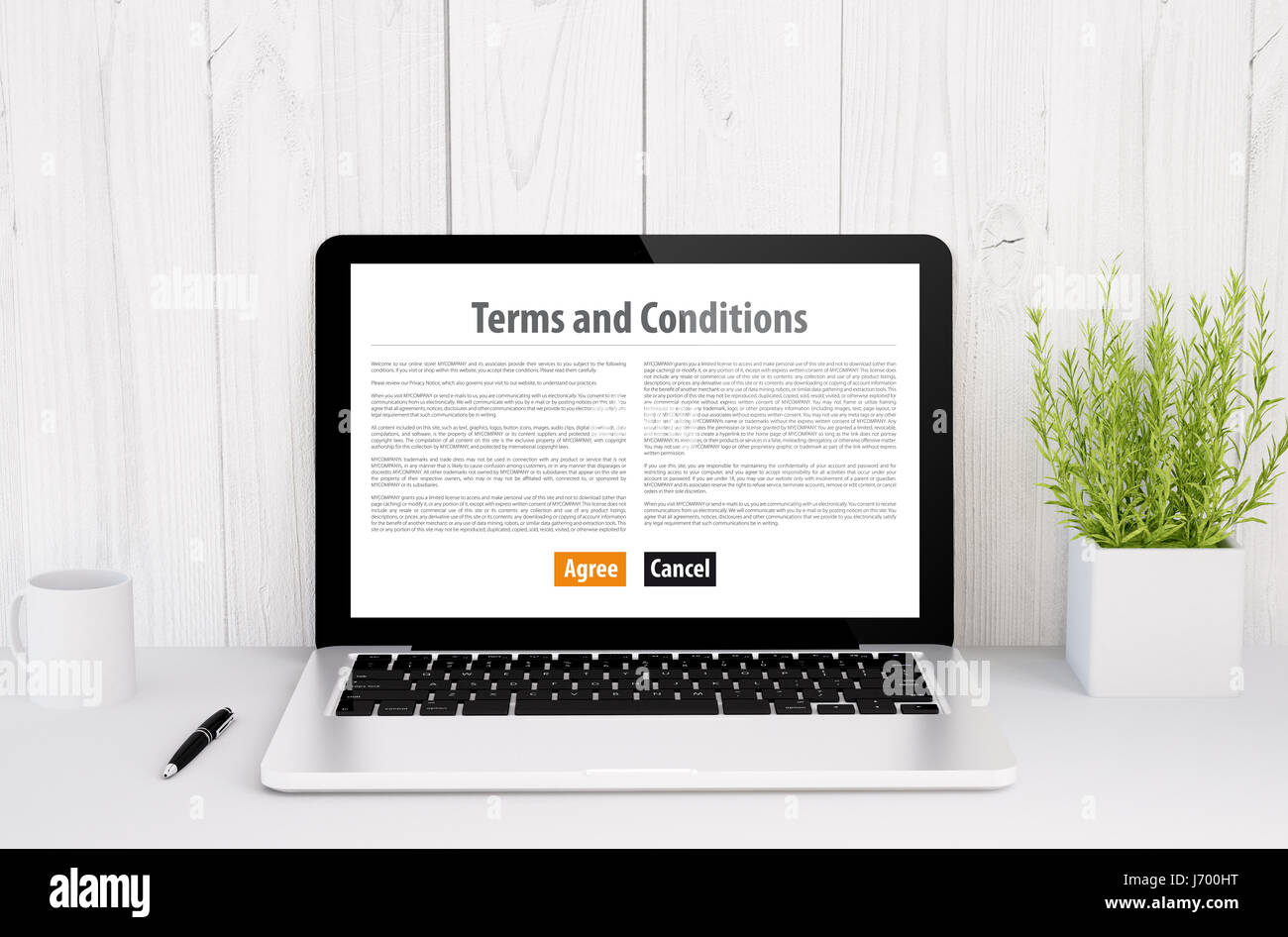 3d rendering of a laptop with terms and conditions screen on table ...