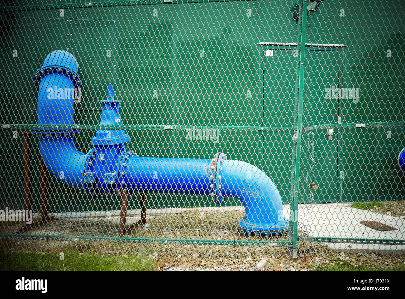 Large blue water pipe at United Utilities plant Stock Photo - Alamy