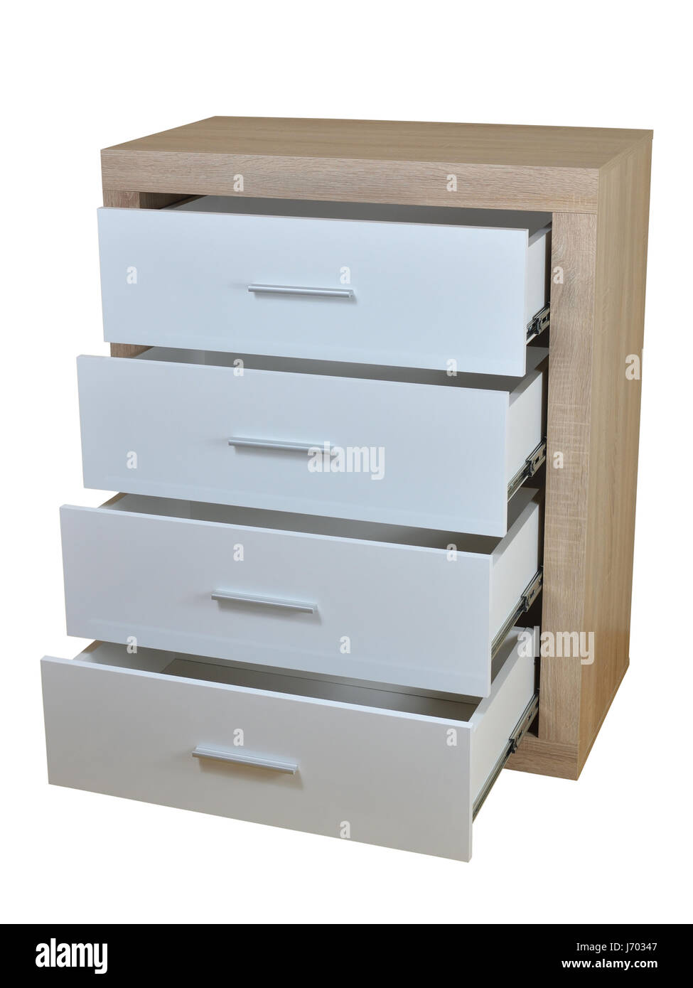 Chest of four open drawers made of wooden materials isolated on white ...