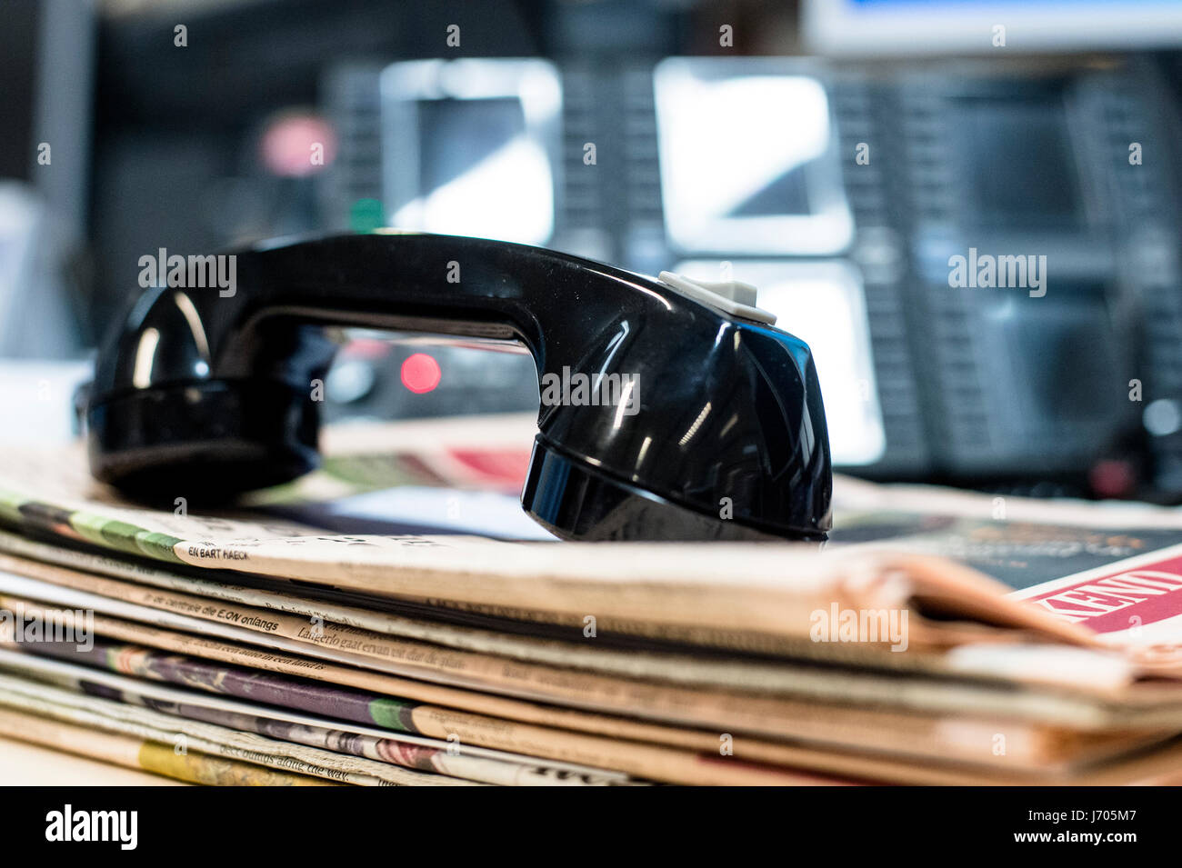 telephone horn on stack of papers Stock Photo - Alamy