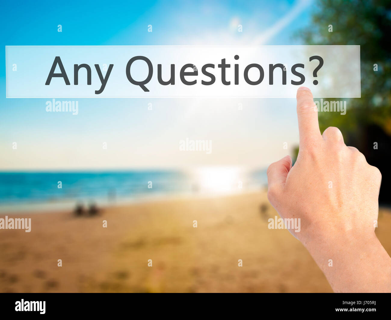 Any Questions - Hand pressing a button on blurred background concept ...