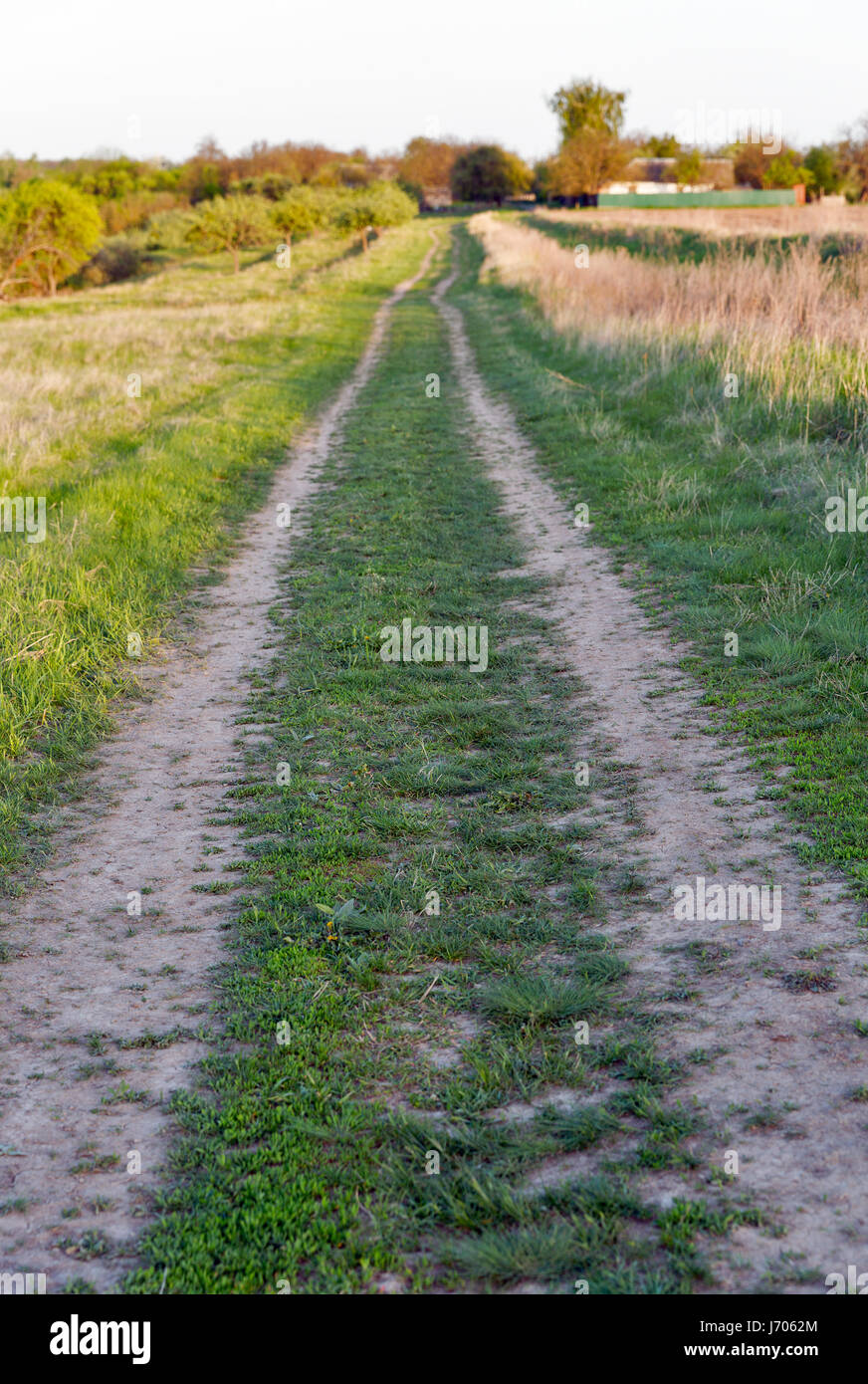 Beautiful landscape with straight rural dirt road in field. Focus on ...