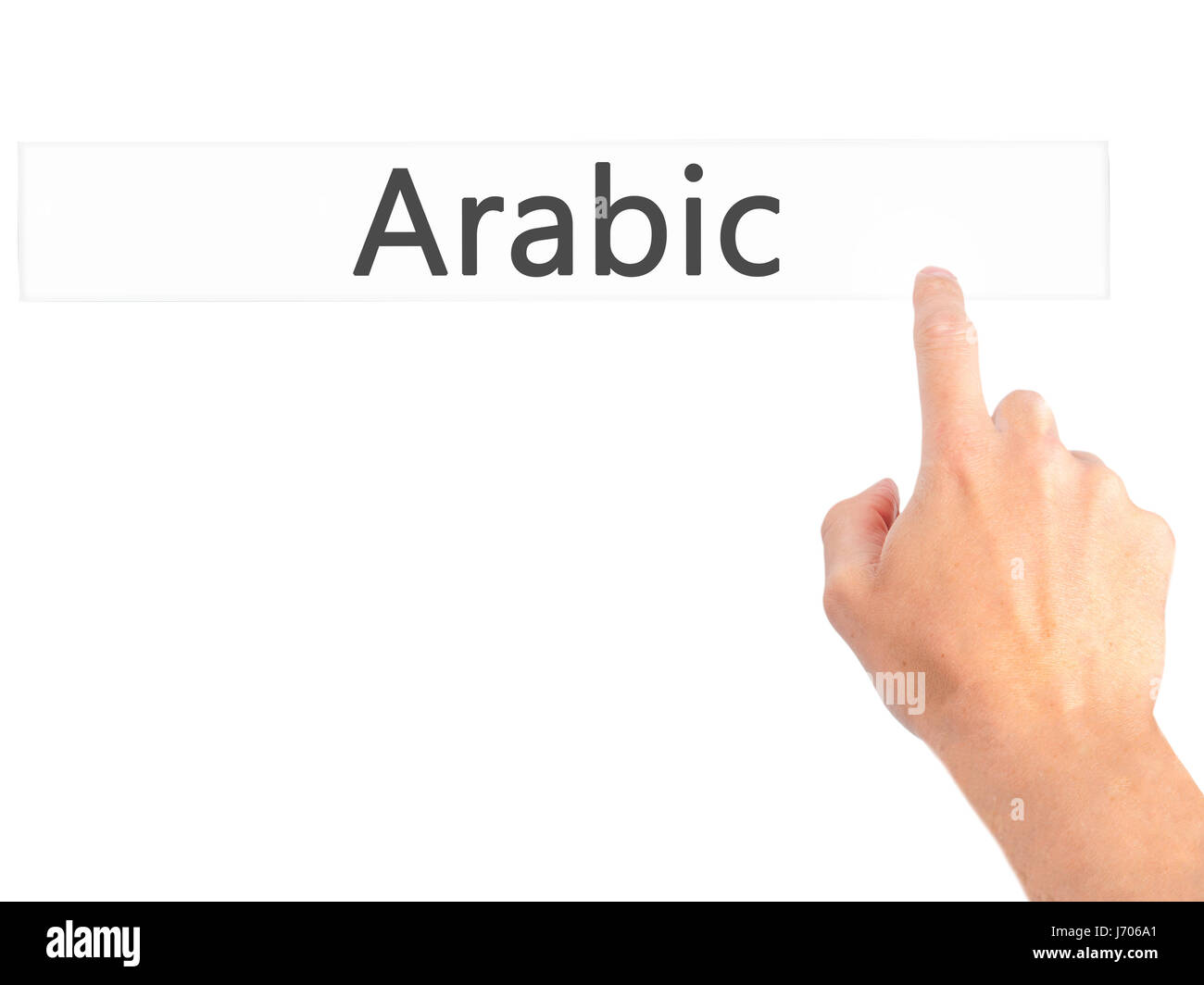 Arabic - Hand pressing a button on blurred background concept ...
