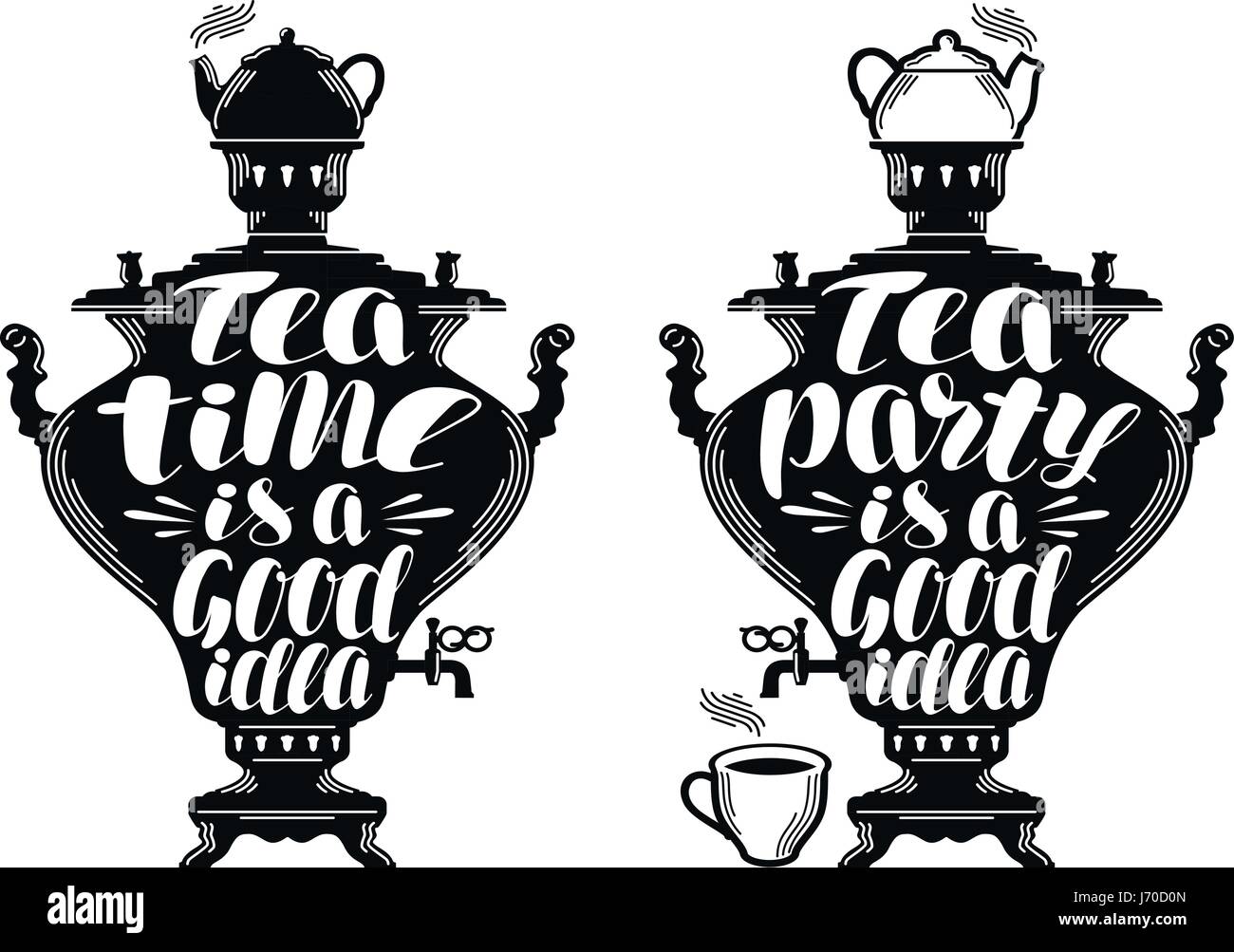 Tea, teapot, hot drink label. Samovar, Russian tradition. Handwritten ...