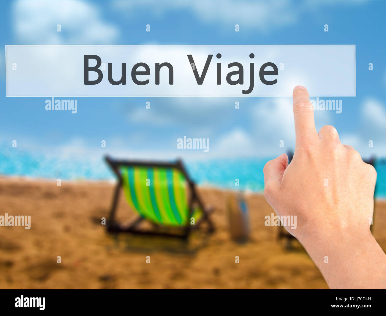 Buen Viaje (Good Trip in Spanish) - Hand pressing a button on blurred ...
