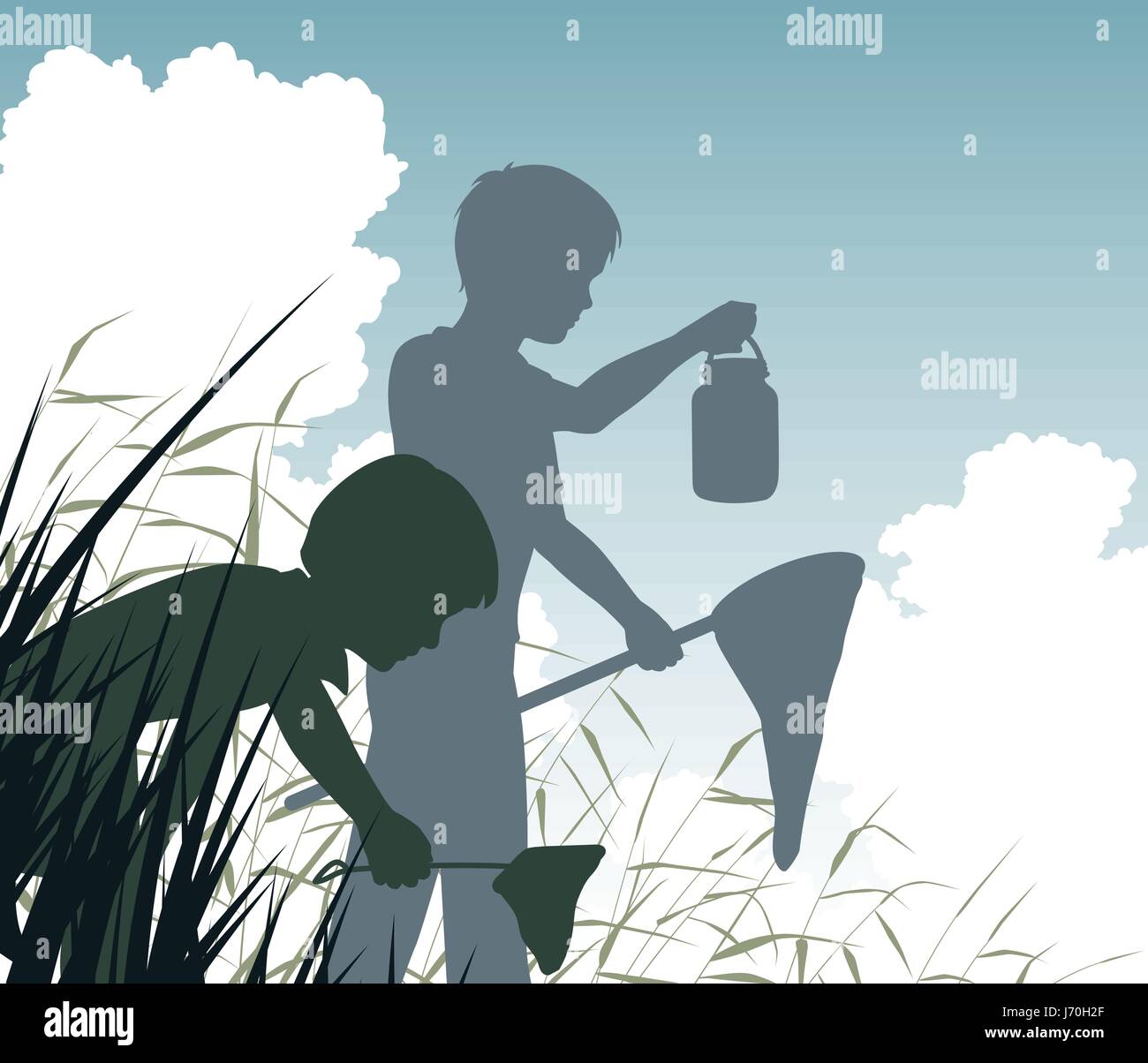 Editable vector silhouette of a boy and girl pond dipping in a wetland ...
