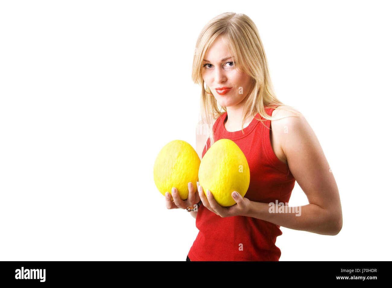 woman fruit melon melons young younger blond woman laugh laughs ...