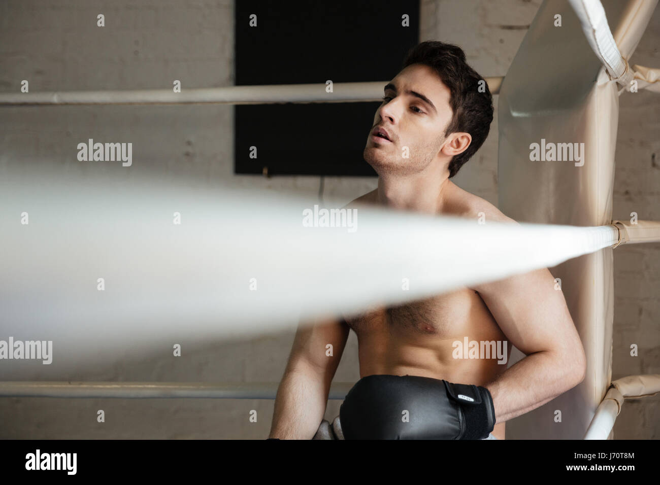 Tired young man boxer relaxing in the corner of the gym Stock Photo - Alamy