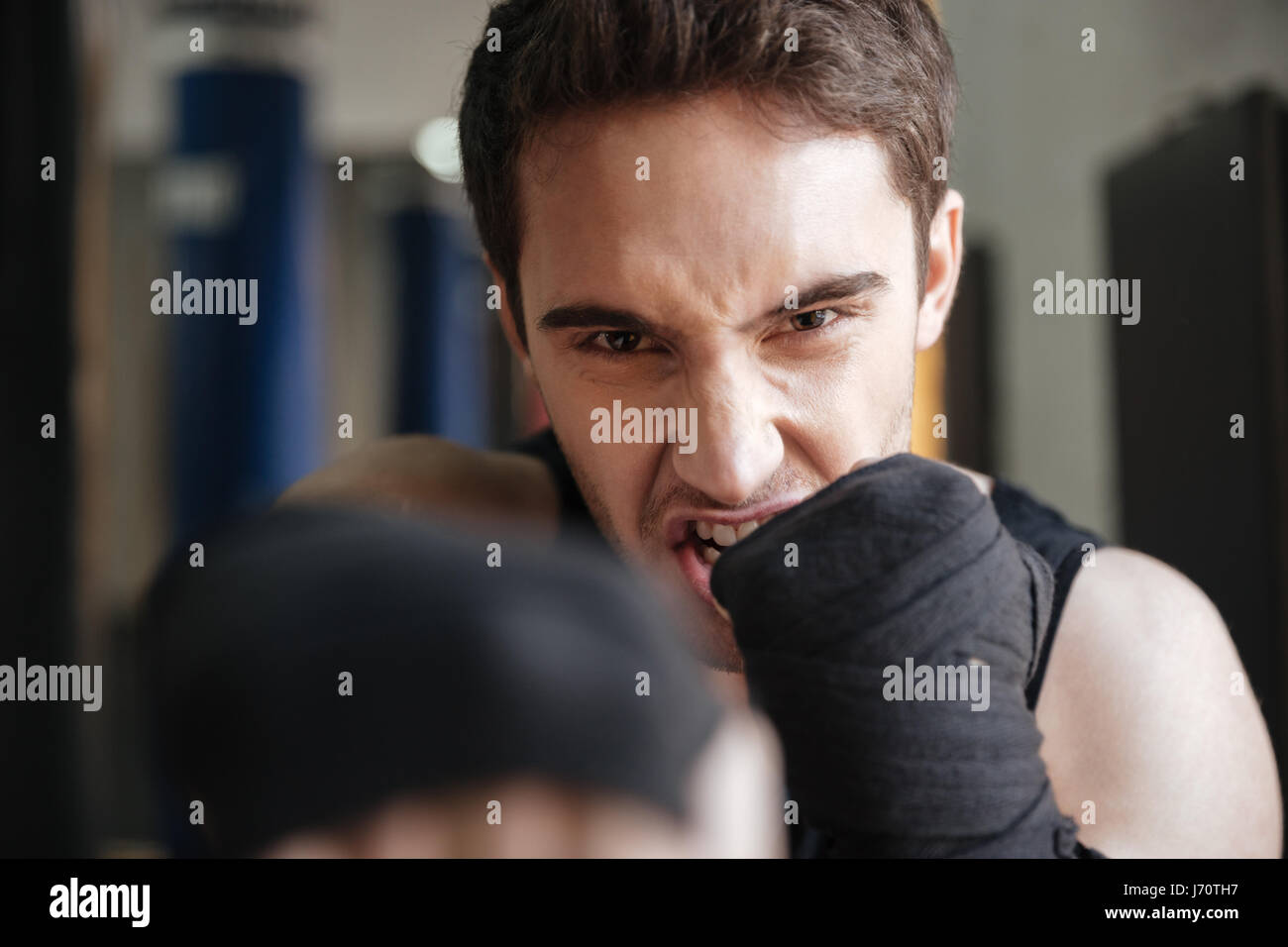 Close up view of a screaming boxer doing exercise in gym and looking at ...