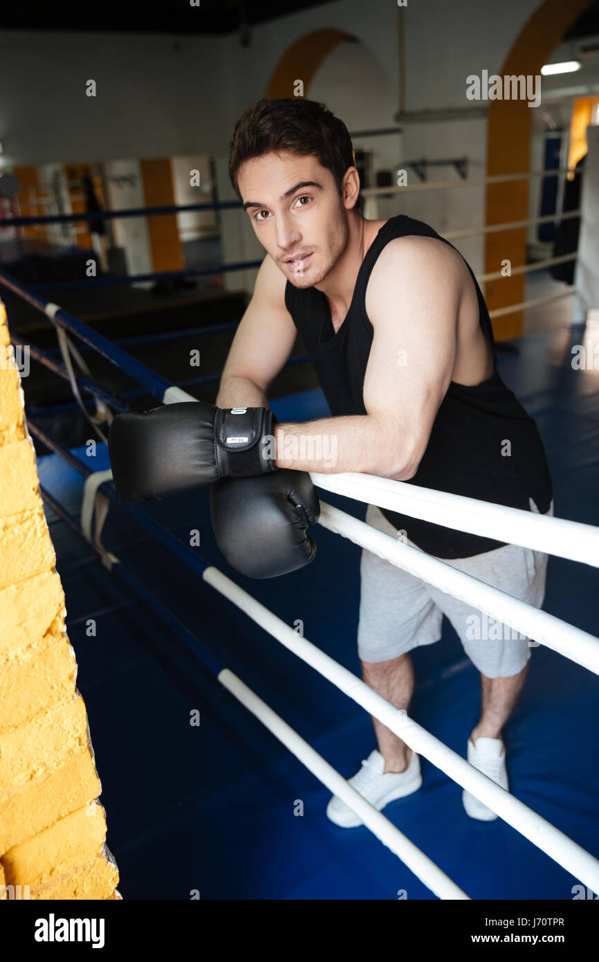 Calm handsome boxer looking camera while standing on boxing ring Stock ...
