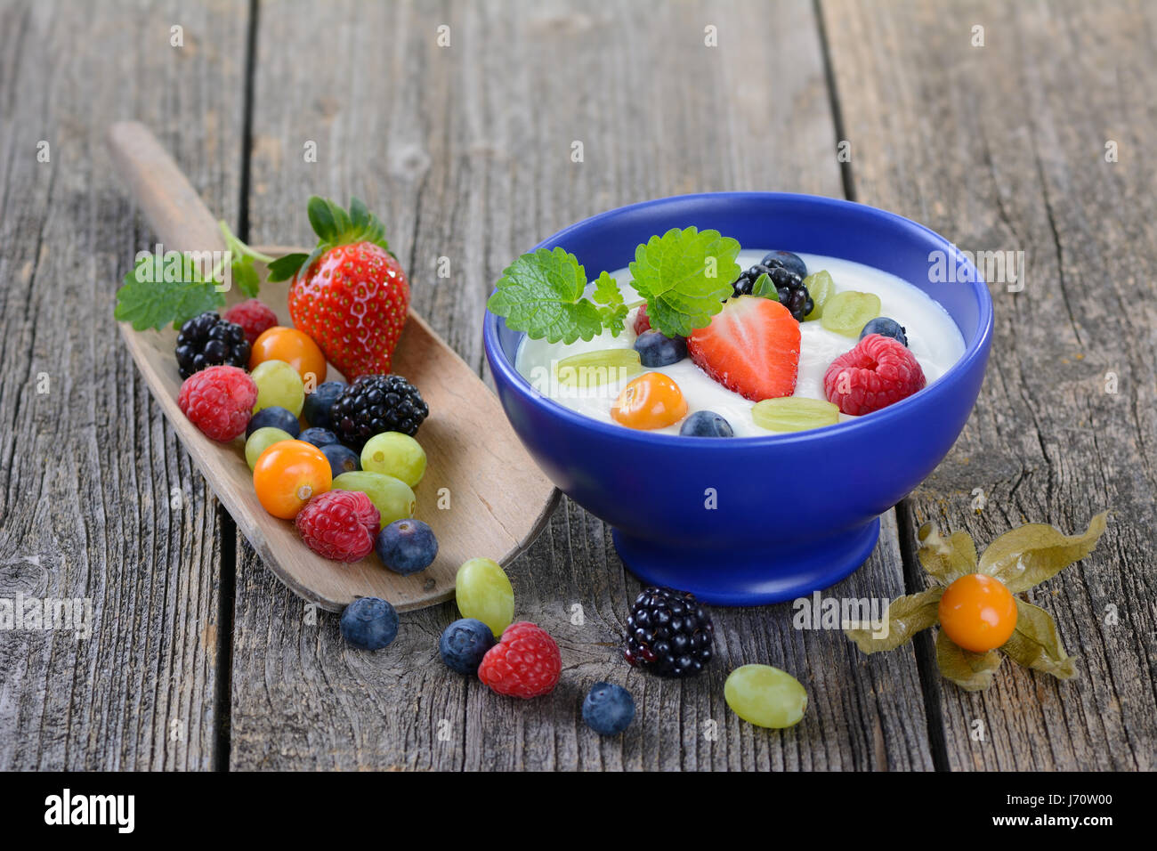 Plain yogurt with mixed fresh fruit in a blue ceramic bowl Stock Photo ...