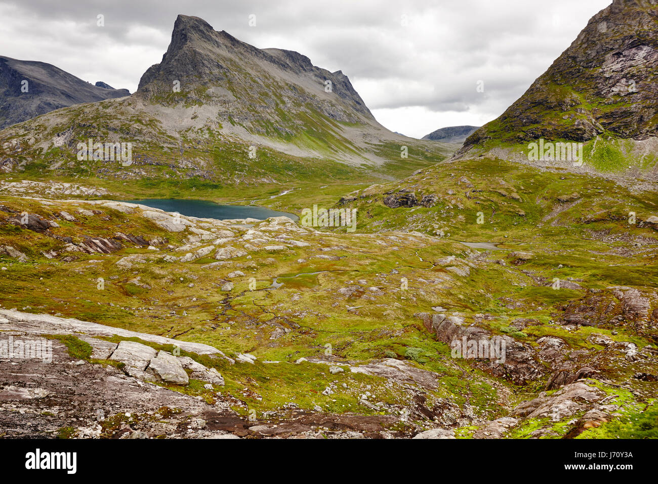Norwegian green mountain landscape with lake. Norway highlight ...