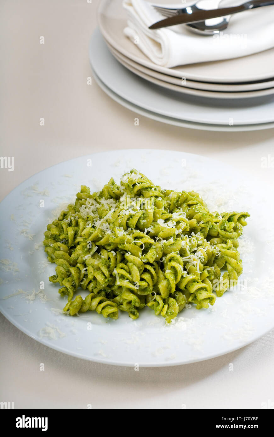 plate stack pasta parmesan silverware pesto restaurant food aliment ...