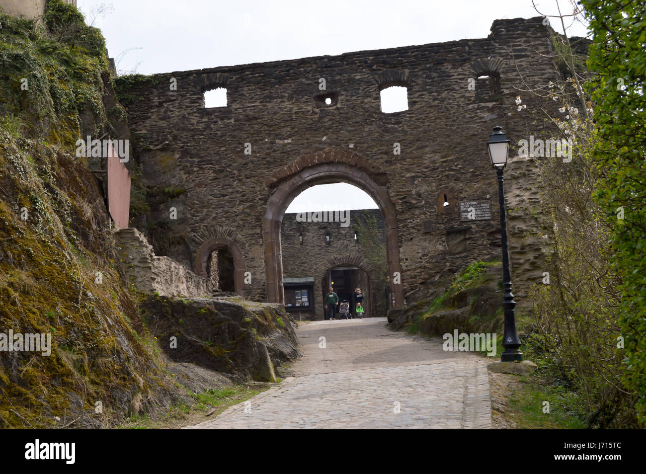 Entrance portico of the castle of Vianden with exterior walls and a ...