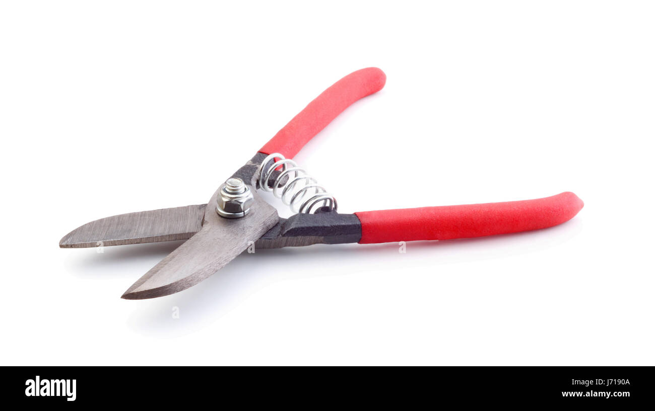 Metal cutting scissors isolated on white Stock Photo - Alamy
