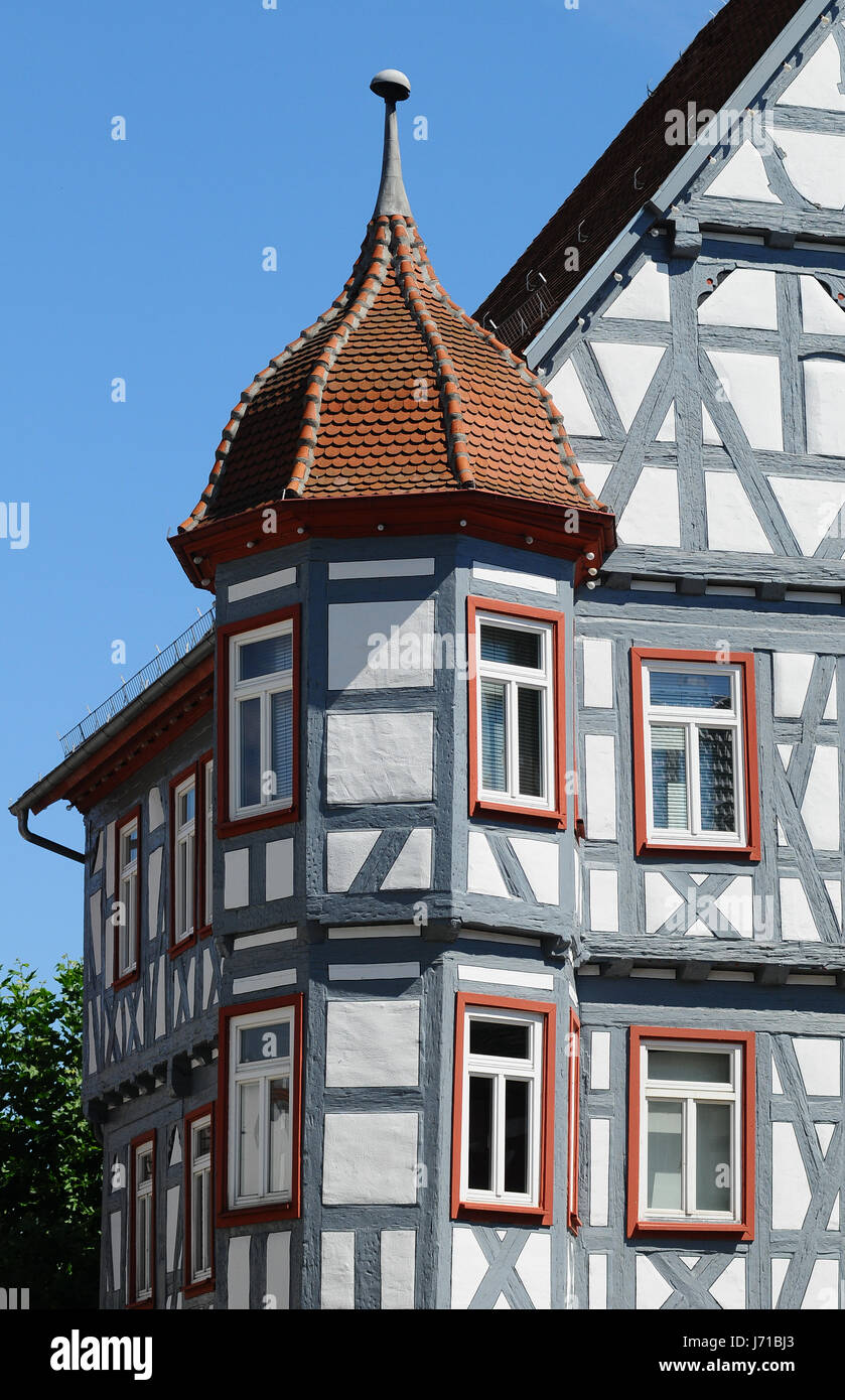 oriel blue house building tower detail historical tree window porthole ...