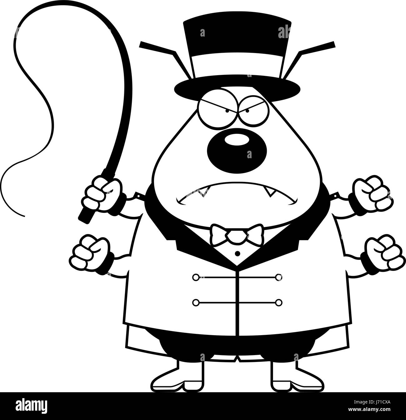 A cartoon illustration of a flea circus ringmaster with an angry ...