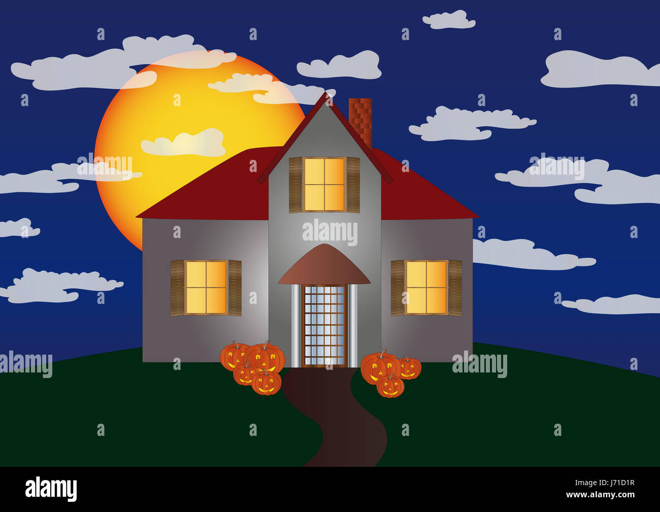 house building night nighttime moon illustration halloween pumpkin ...