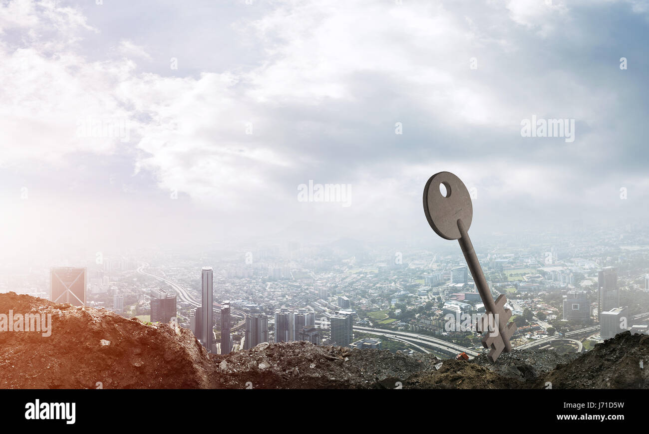 Conceptual background image of concrete key sign and natural landscape ...