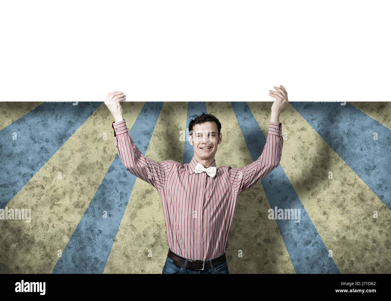 Cheerful man with banner Stock Photo - Alamy
