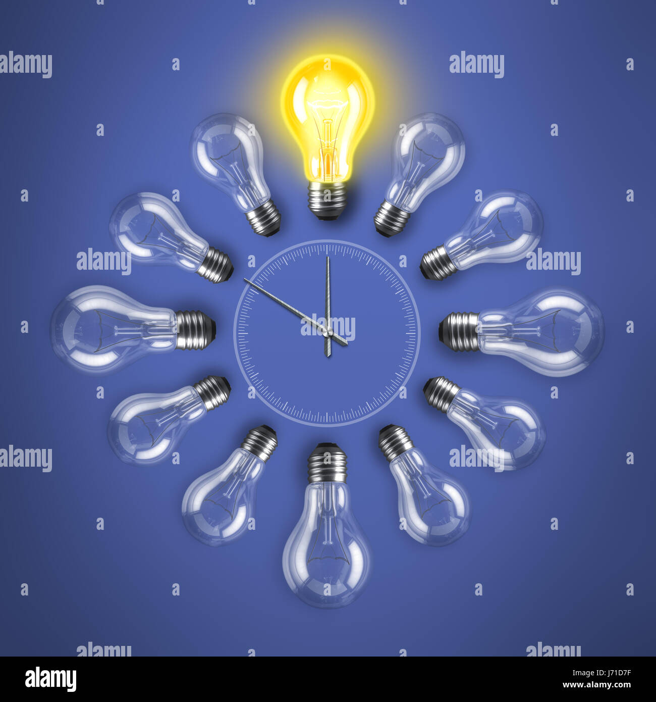 Group of lamp bulbs clock on blue background. 3D illustration Stock ...