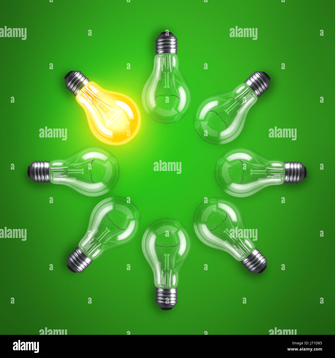 Group of lamp bulbs circle on green background. 3D illustration Stock ...