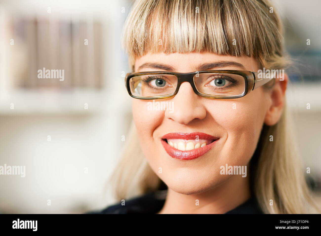 woman spectacles glasses eyeglasses books shelf library student ...