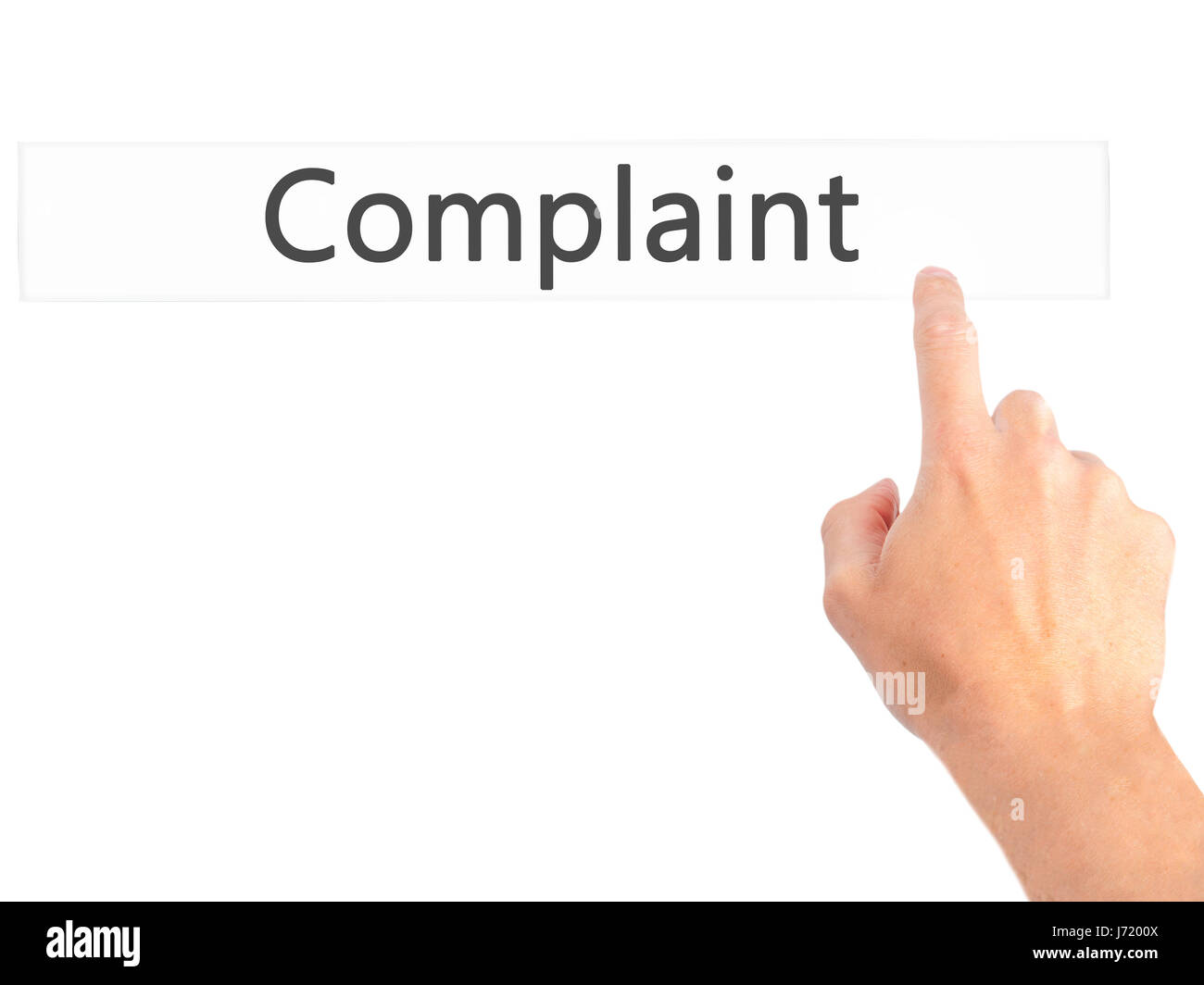 Complaint - Hand pressing a button on blurred background concept ...