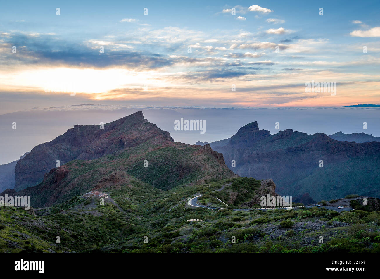 Night landscape with mountain road to the popular Masca canyon. Sunset ...