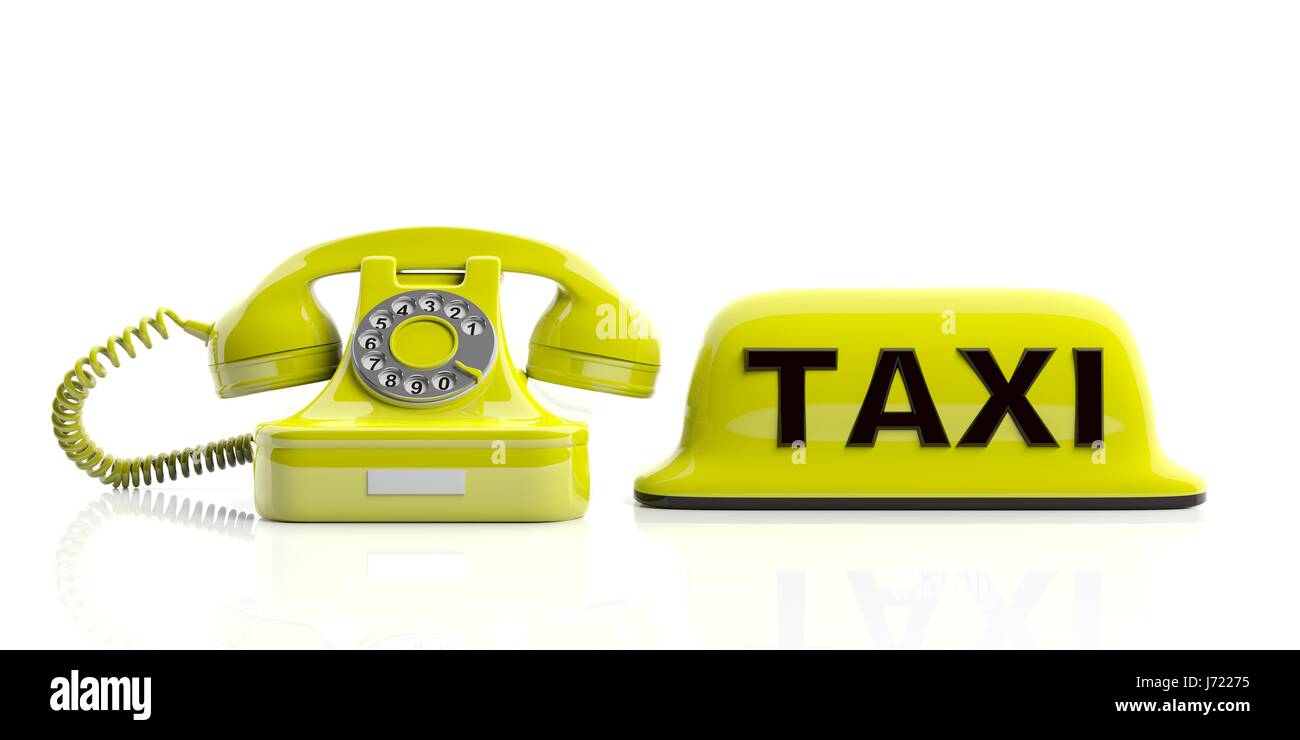 Yellow taxi sign and old telephone isolated on white background. 3d ...