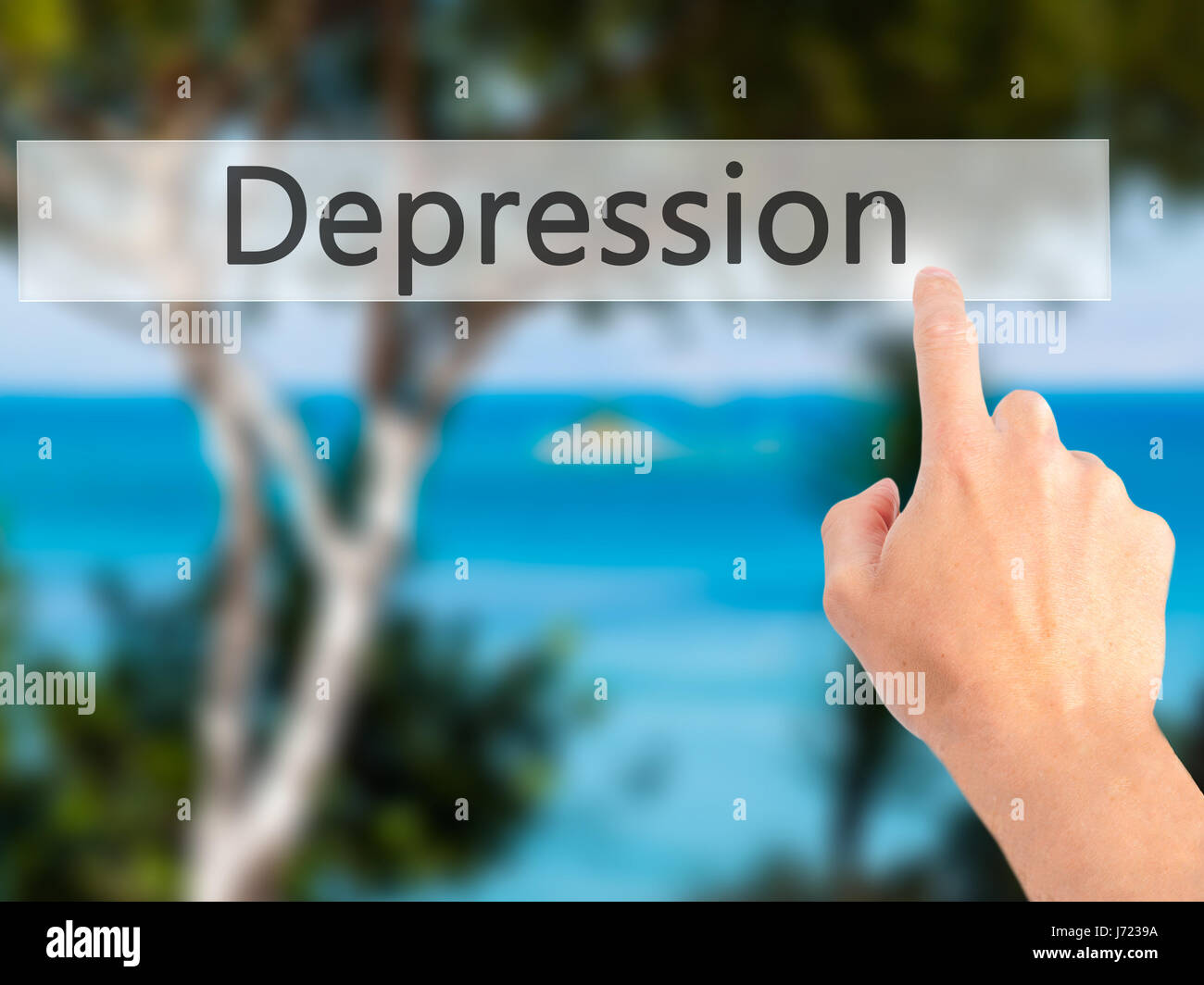 Depression - Hand pressing a button on blurred background concept ...