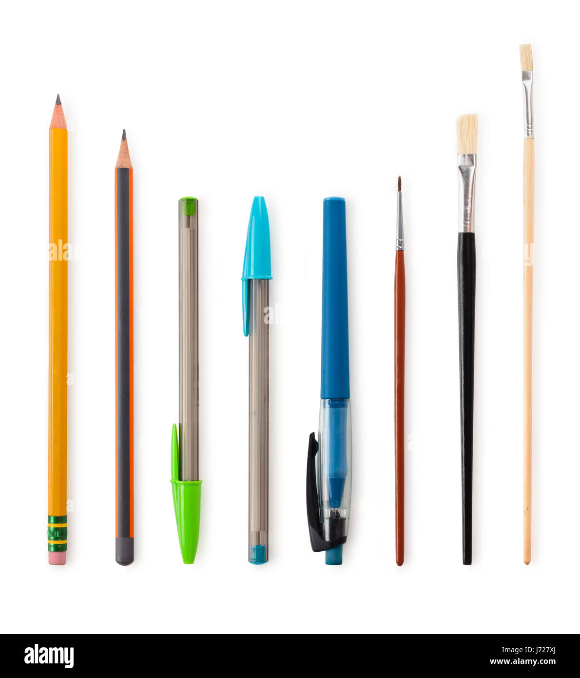 Collection of l pencils, pens and different paintbrushes isolated on ...