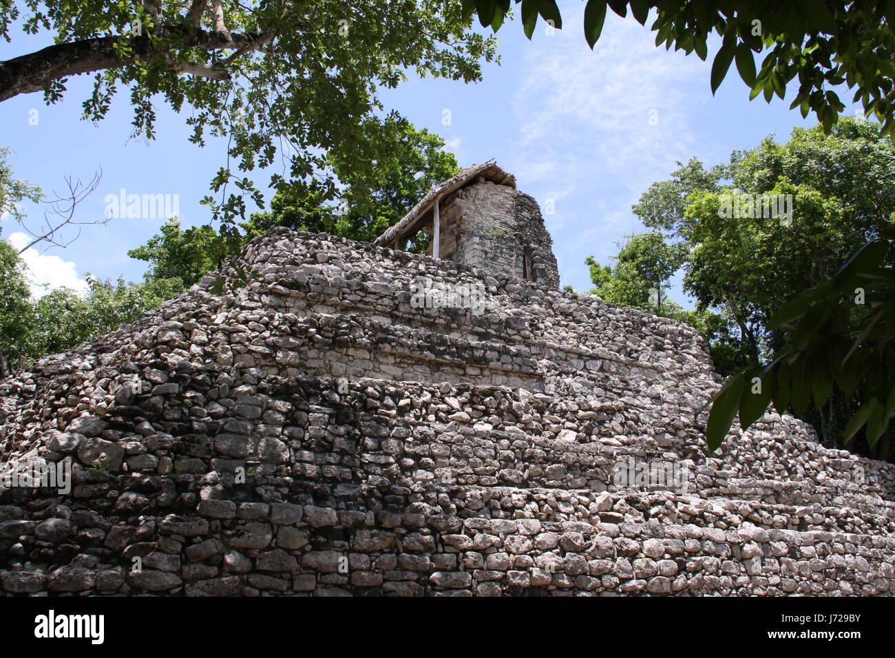 temple ruins pyramids thatched roof maya blue house building historical ...