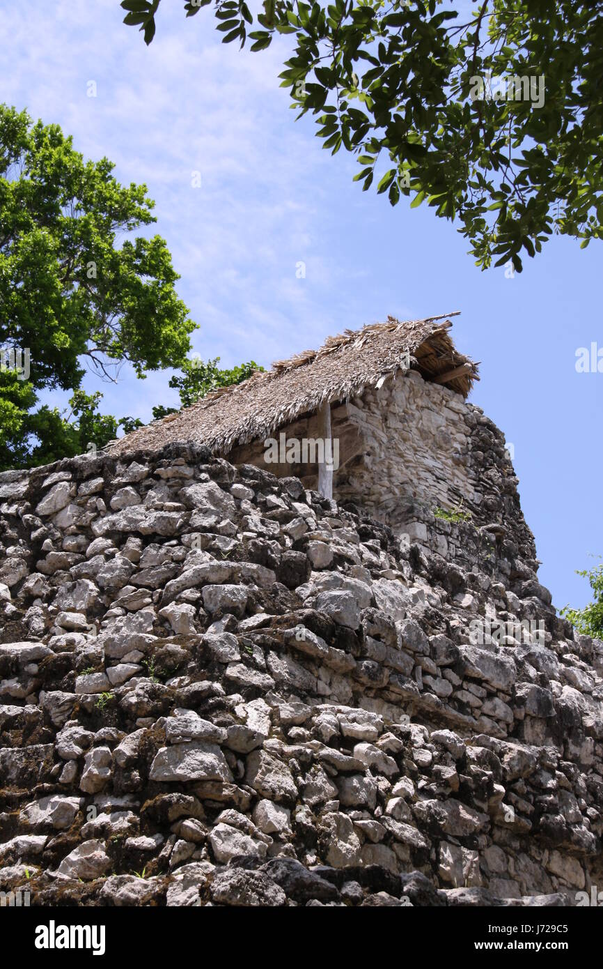 temple ruins pyramids thatched roof maya blue house building historical ...