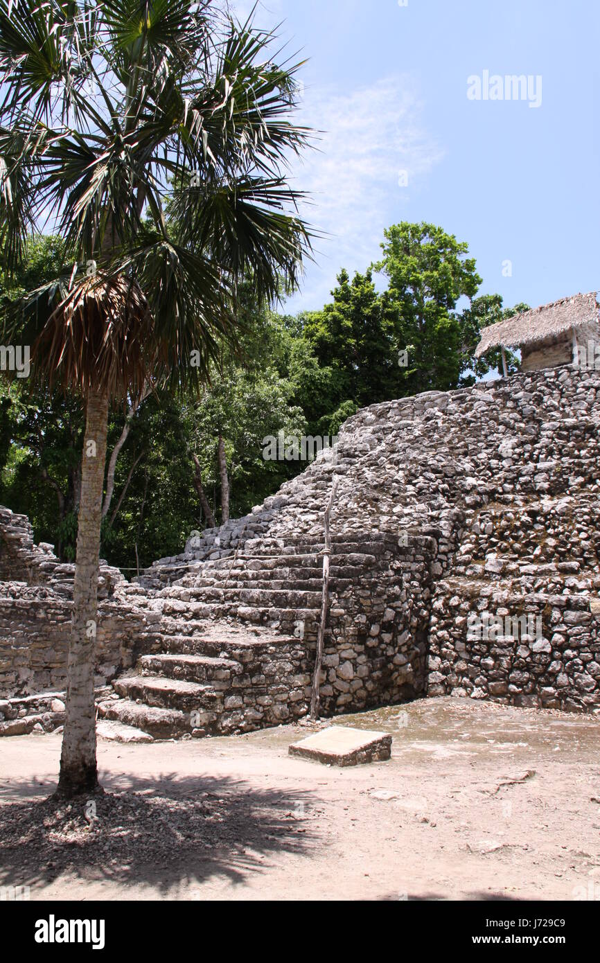 temple ruins pyramids thatched roof maya blue house building historical ...