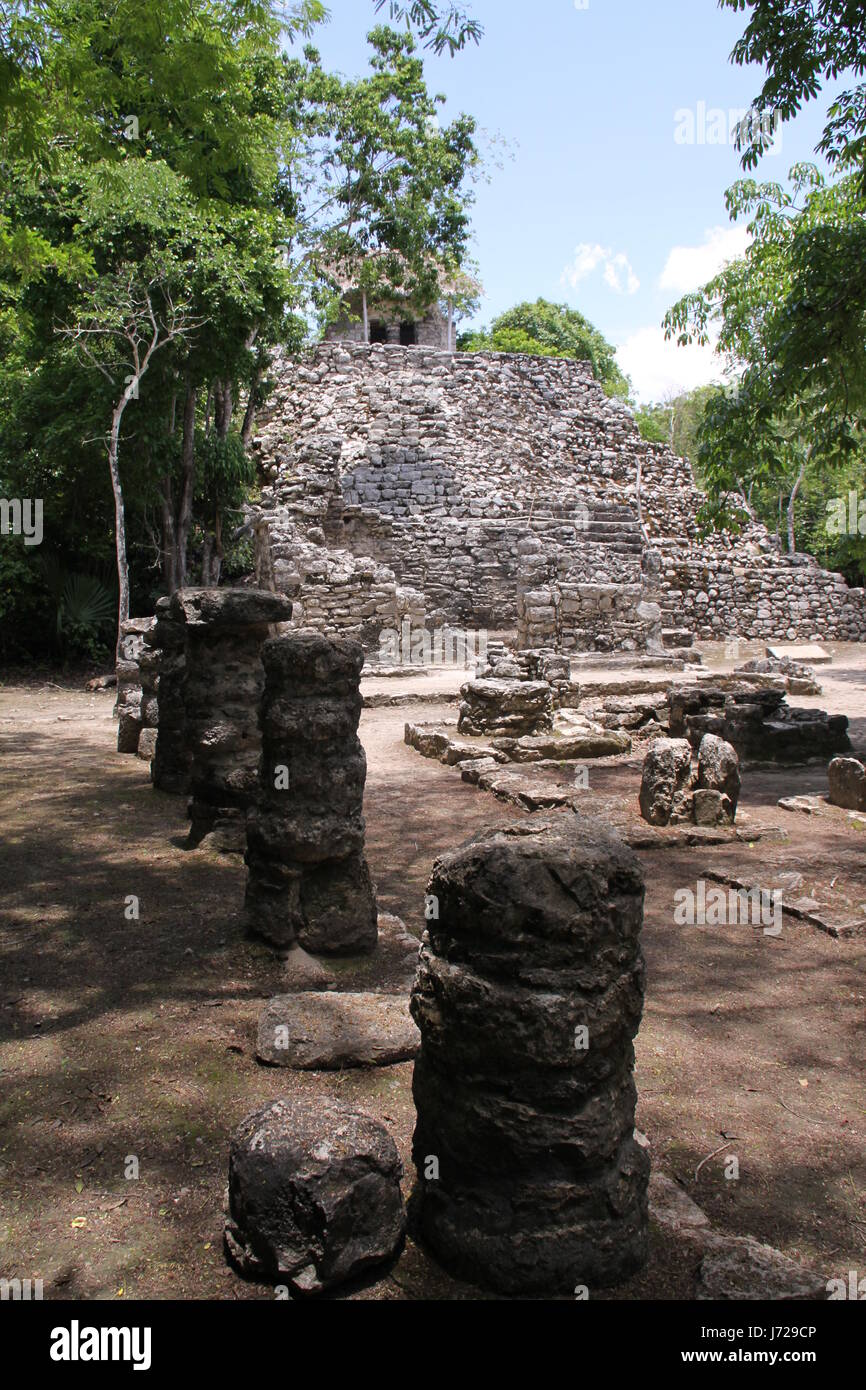 temple ruins pyramids thatched roof maya blue house building historical ...