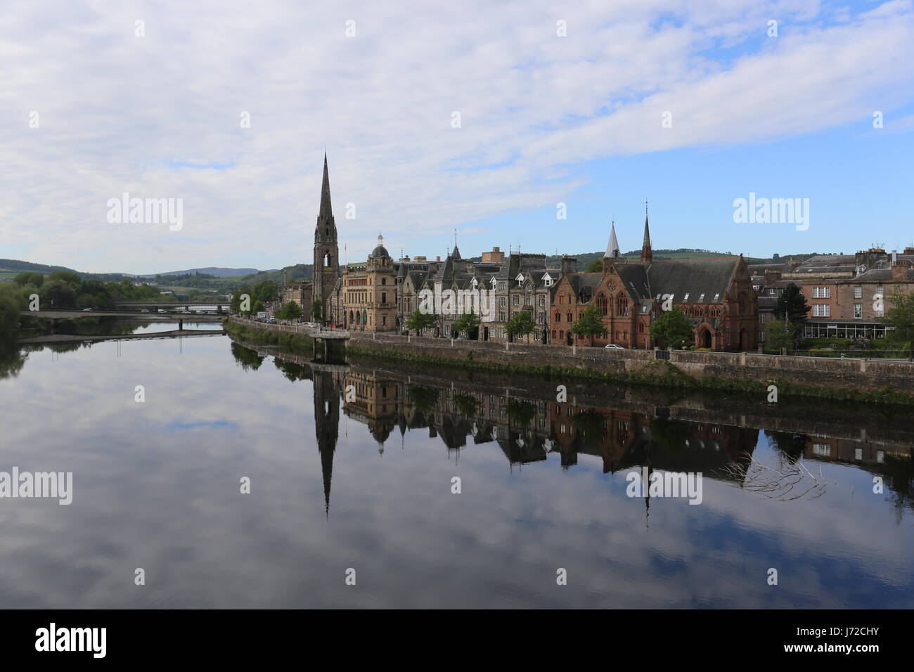 Perth waterfront reflected in River Tay Scotland May 2017 Stock Photo ...